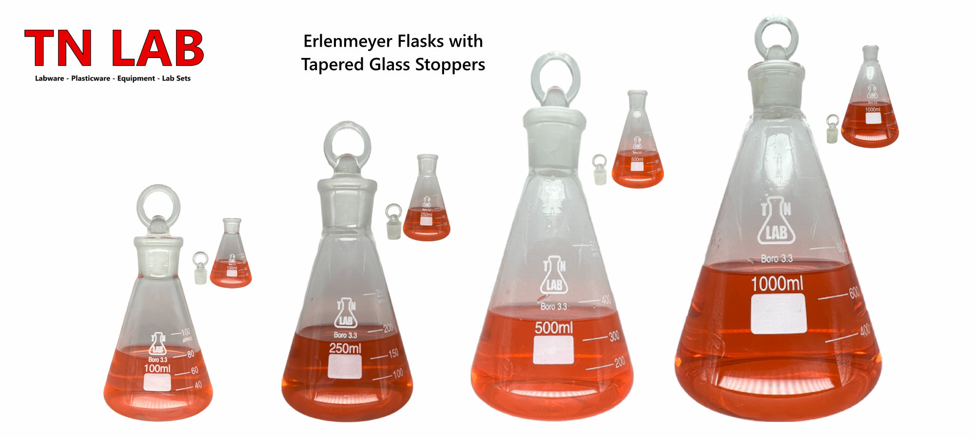 Erlenmeyer Flasks Tapered Jointed Glass Stoppers 100ml 250ml 500ml 1L