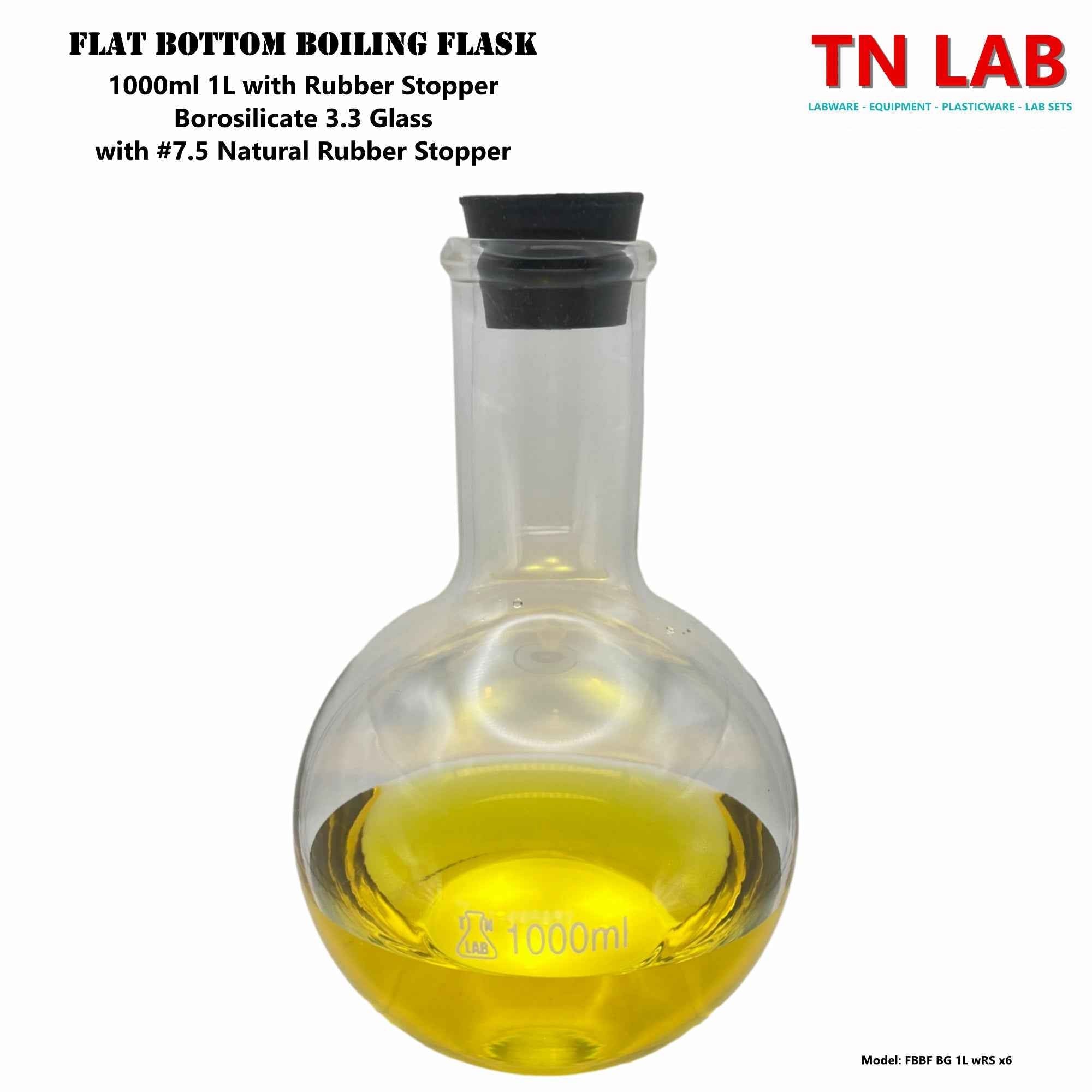 Flat Bottom Boiling Borosilicate Glass 1000ml Rubber Stopper