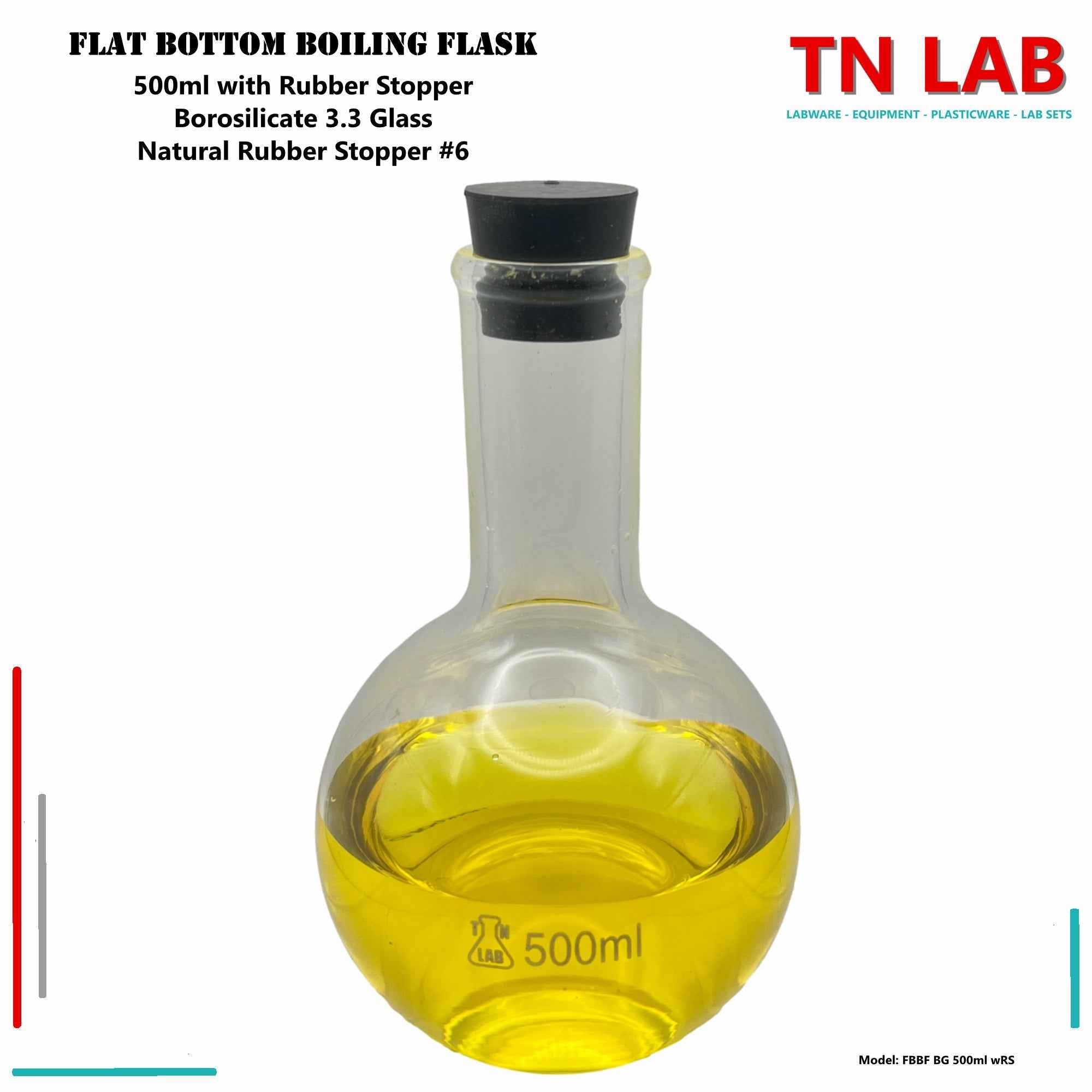 TN Lab Supply Flat Bottom Boiling Flask 500ml Rubber Stopper
