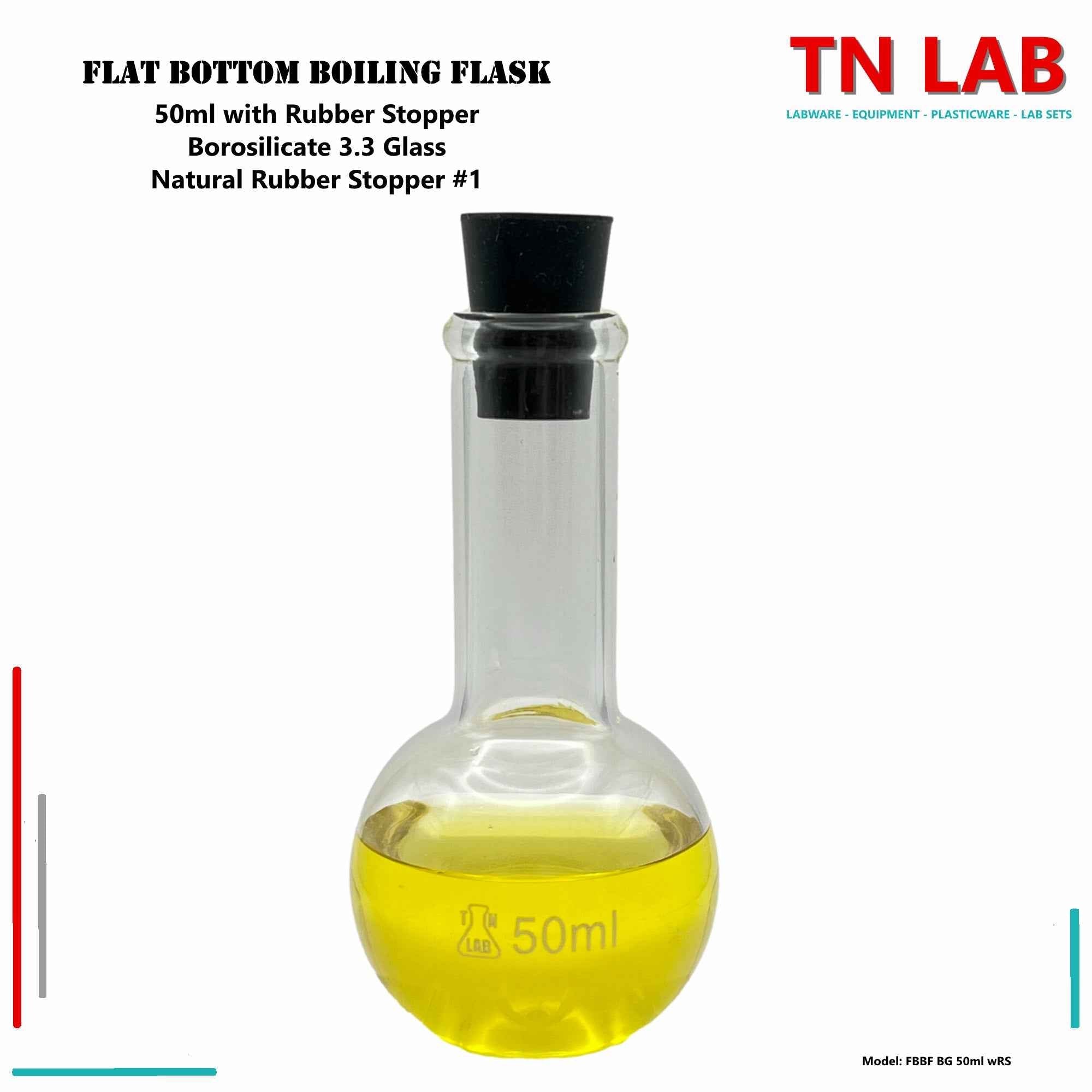 Flat Bottom Boiling Flask Florence Flask 50ml Rubber Stopper