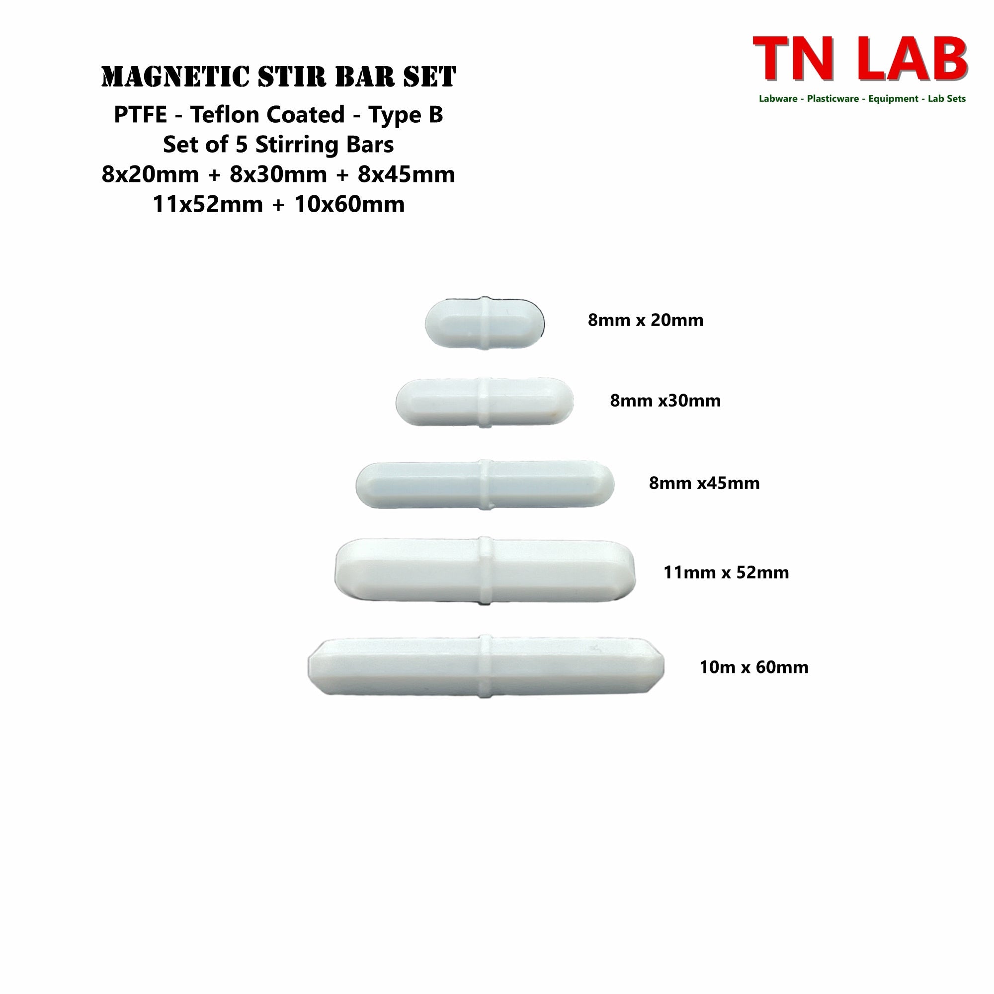 Magnetic Stir Bars SET of 5 PTFE Teflon® Coated Type B Bars