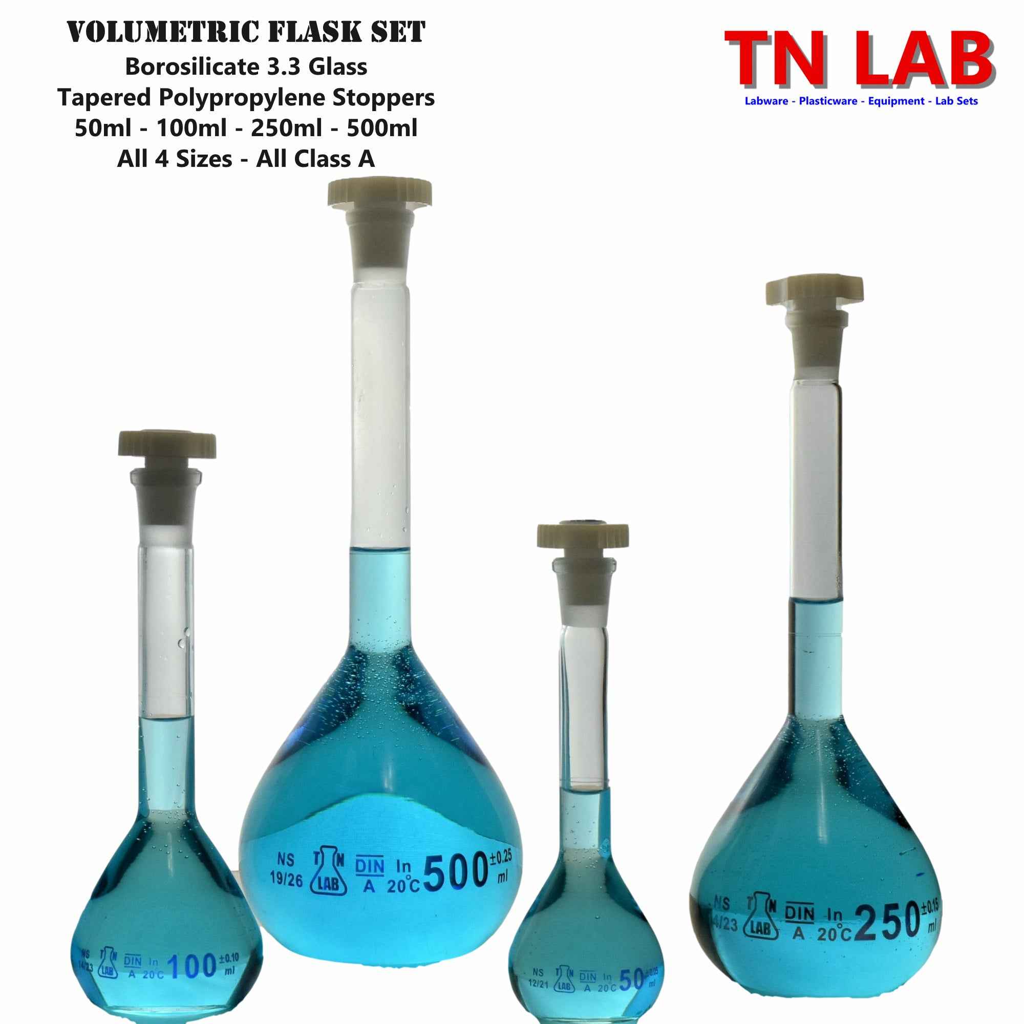 TN LAB Supply Volumetric Flask 4-Piece SET 50-100-250-500ml